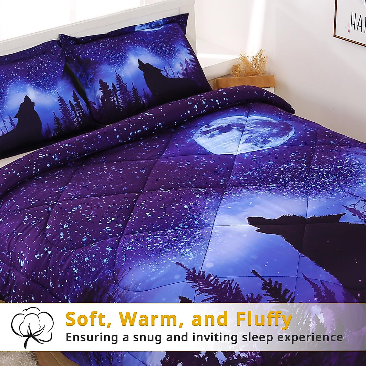 ENCOFT Wolf Comforter Set Queen Size, 3 Piece Vivid Blue Night Sky Howling Wolf Bedding Comforter Sets with 2 Pillowcases, Lightweight Soft Wild Animal Wolf Comforter Set for Kids, Boys, Teen