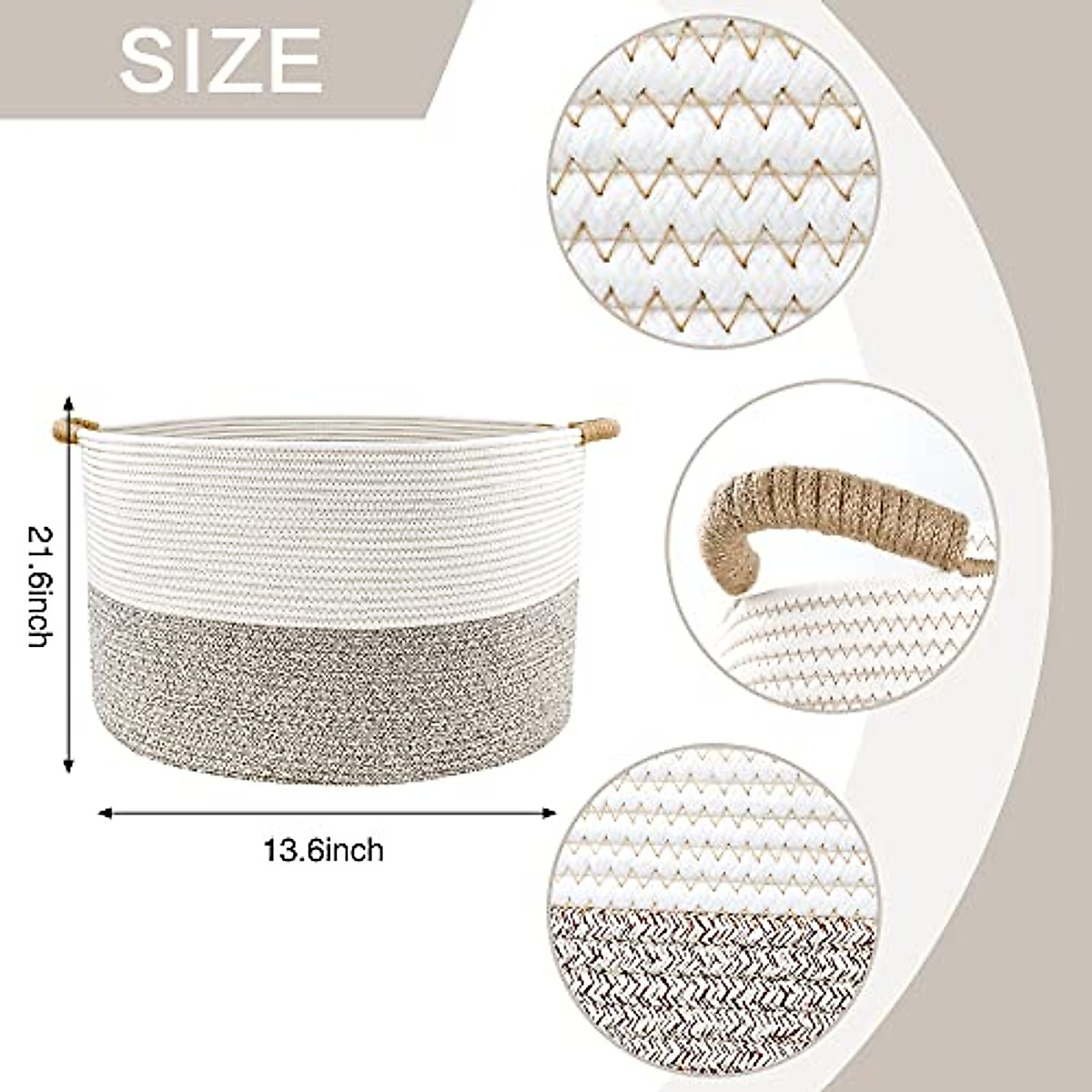 Large Woven Nursery Basket 21.7" x 13.8" Rope Woven Bins with Handles for Baby Cloth Toys Book Storage, Sturdy Decorative Storage Baskets for Organization, Living Room Bathroom Bedroom