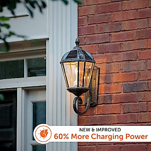 GAMA SONIC Solar Outdoor Wall Light, Royal Bulb Exterior Sconce Lamp, Weathered Bronze Finish Aluminum, Beveled Glass, Warm White LED with Omni-Direction Reflector, 98B310 (Upgraded Panel and Battery)