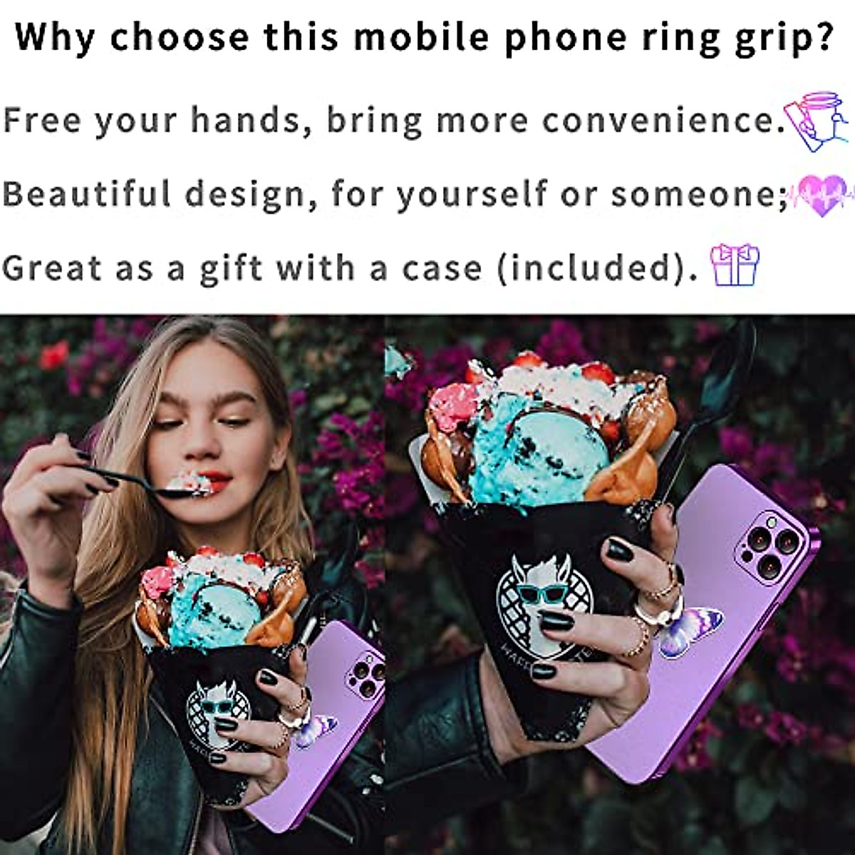 TACOMEGE Purple Metal Cell Phone Ring Butterfly Holder, Finger Kickstand Back Stand Hand Grip Compatible with Smartphone, Tablet, E-Reader, Etc.