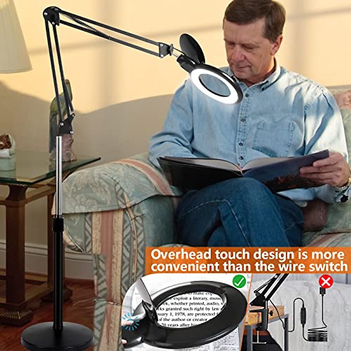 HITTI 10X Floor Magnifying Glass with Light 3-in-1 Super Bright 2200 Lumens Magnifier with Light and Stand, 3 Color Modes Stepless Dimming, Swing Arm LED Magnifying Floor Lamp for Esthetician Craft
