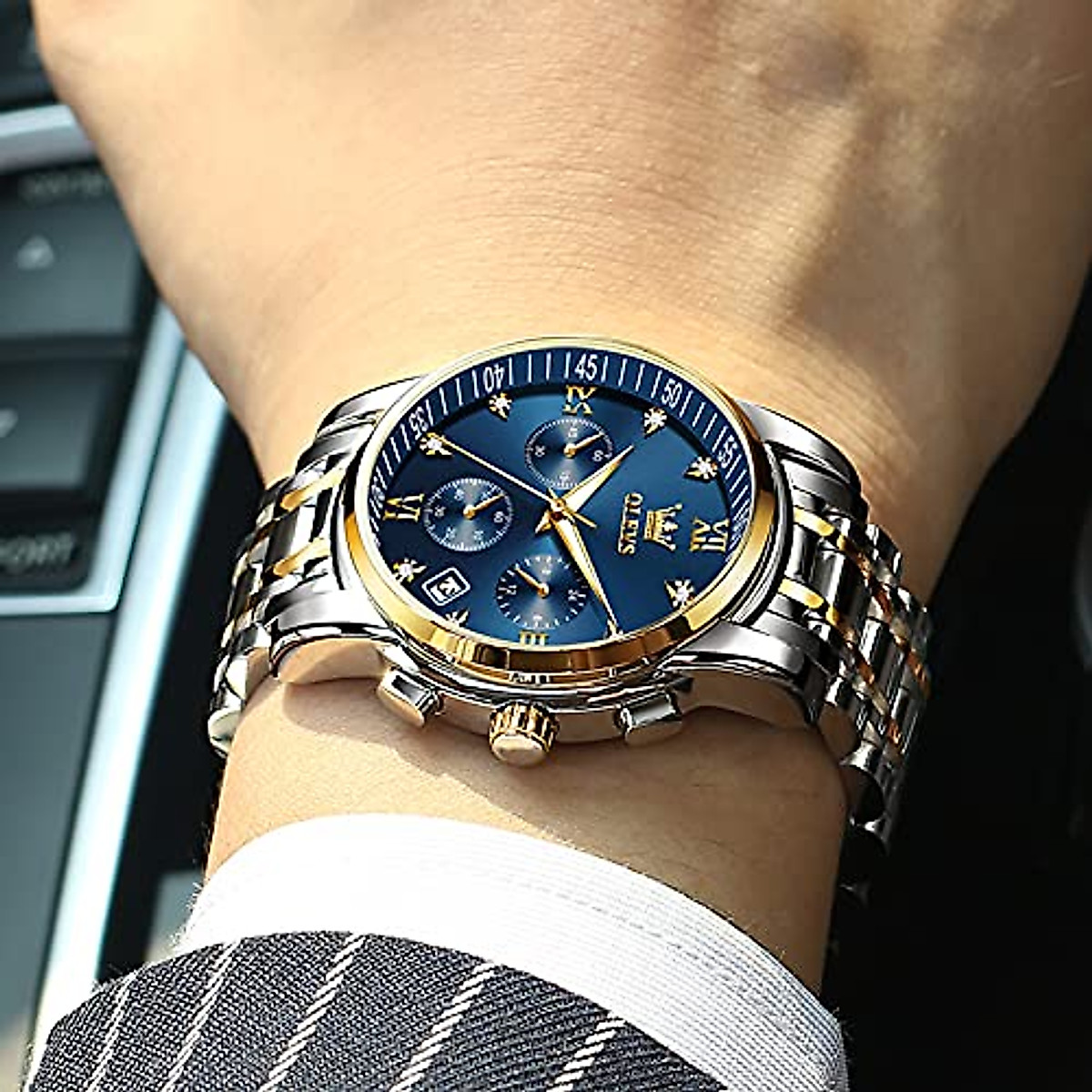 OLEVS Blue and Gold Two-Tone Watches for Men Fashion Multifunction Watches Date Waterproof Chronograph Wristwatches, Stainless Steel Watch Band Waterproof Watch Luminous