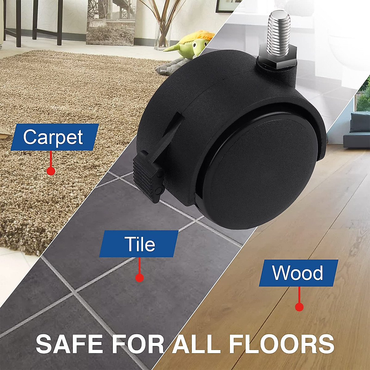 Guildrey Threaded Caster, M8-1.25 Swivel Stem for Replacement, Set of 4, Twin Caster Wheels with Locking Brake