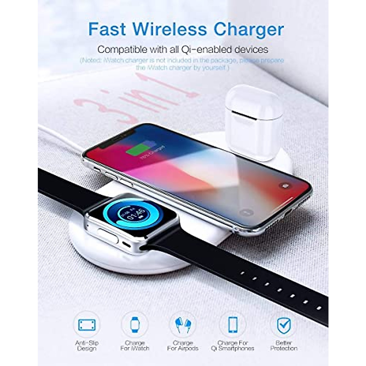Vissles 3 in 1 Wireless Charging Pad Wireless Charging Station for iPhone 13/12/11pro/Se/X/XS/XR/Xs Max Apple Watch AirPods 2/Pro Wireless Charger Pad for Samsung Galaxy S20/S10