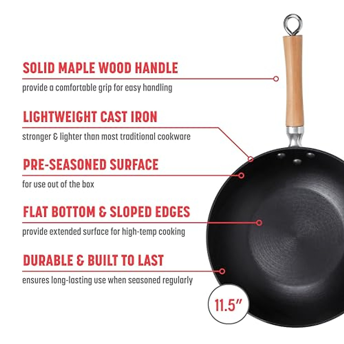 JOYCE CHEN Professional Series 11.5-Inch Cast Iron Stir Fry Pan with Maple Handle