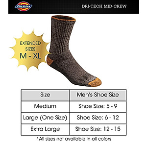 Dickies Men's Dri-tech Moisture Control 6-Pack Comfort Length Crew Socks