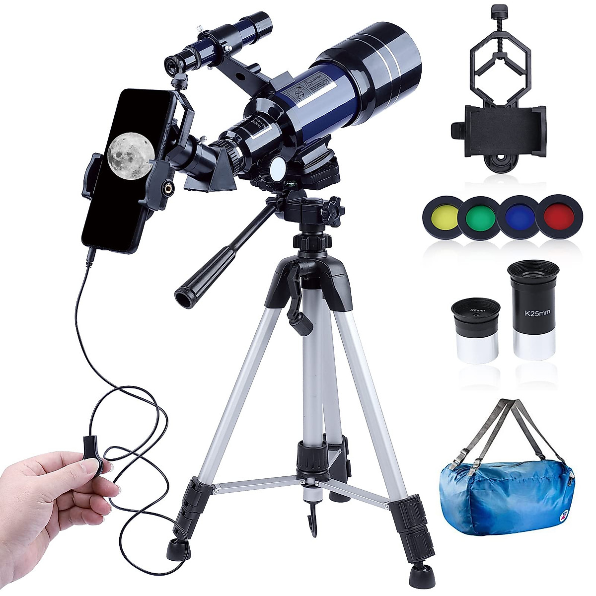 Telescope for Beginners, 300/70mm Astronomy Monocular Telescopes with Phone Adapter, Camera Wire Shutter, Moon Filter and Backpack, Adjustable Tripod