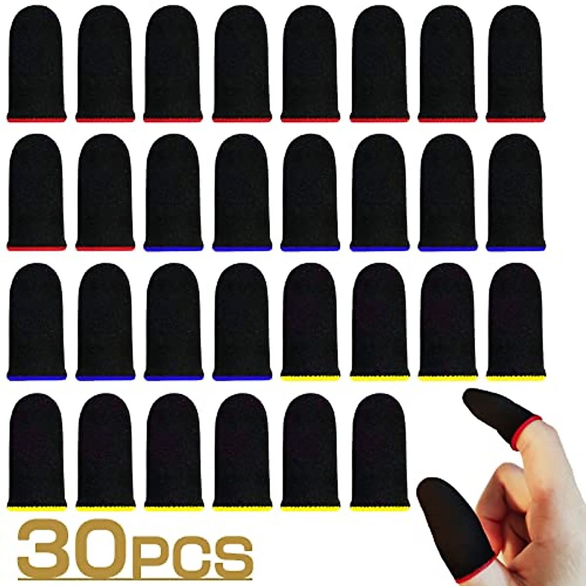 30 Pack Mobile Phone Gaming Finger Sleeves, Nuozme Finger Sleeves Fit All Touchscreen Devices, 0.15mm Nanofibers, Smooth Feel, Anti-Sweat, Extremely Thin, Zero-Seam Design,Red, Yellow and Blue Edge