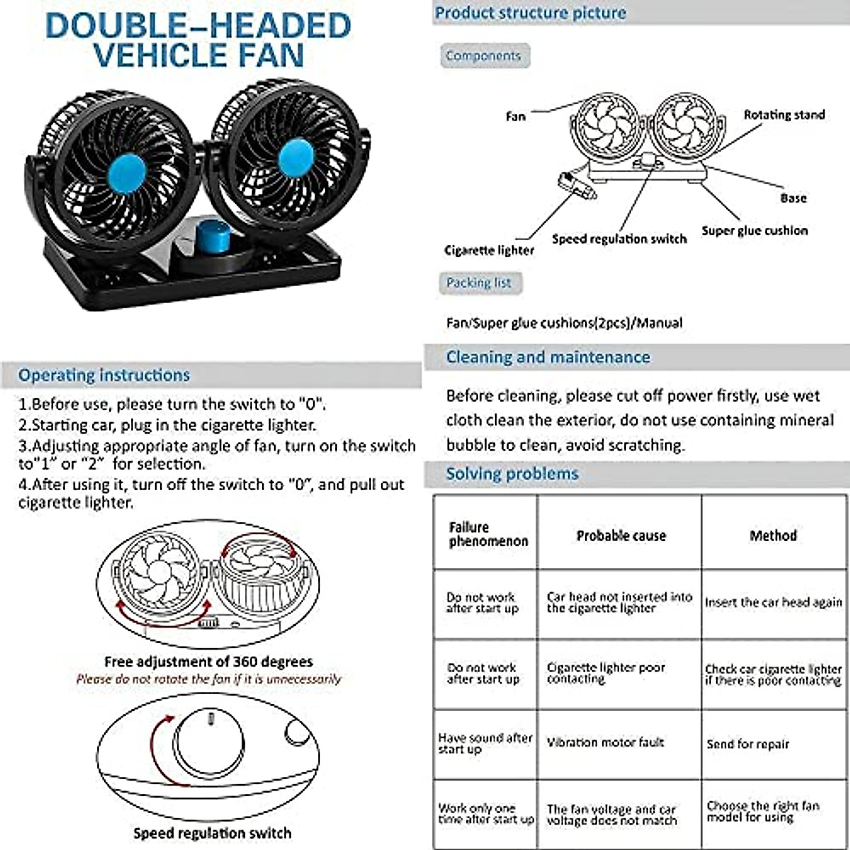 Car Fan 12V, Electric Car Cooling Fan with 360 Degree Adjustable Dual Head That Plugs into Cigarette Lighter/Quiet Noise Auto Fan for Car Truck Van SUV RV Boat Golf Vehicles