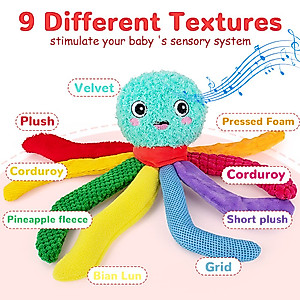 beetoy Infant Toy Baby Plush Toys, Baby Musical Toy with Octopus Shape, Stuffed Animal for Girl boys Infant, Sensory Toys for Babies Soft Toys with Crinkle & Textures, Tummy Time Toys