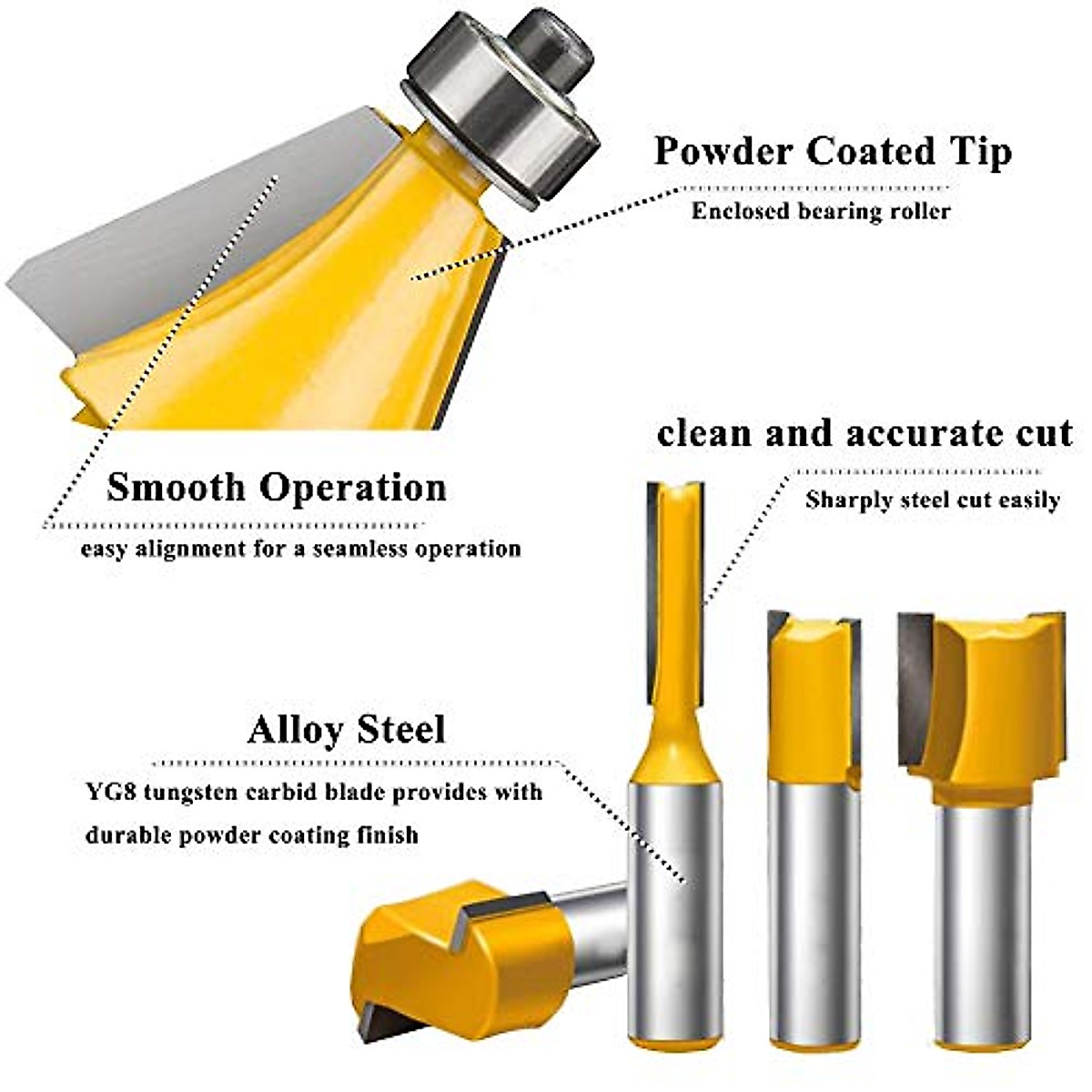 OLETBE 1/2 Inch Shank Router Bit Set 41 PCS, Extended Door Rail Cabinet Stile Router Bits Sets, Woodworking Milling Cutter Tools, Router Grooving Tool(Yellow)