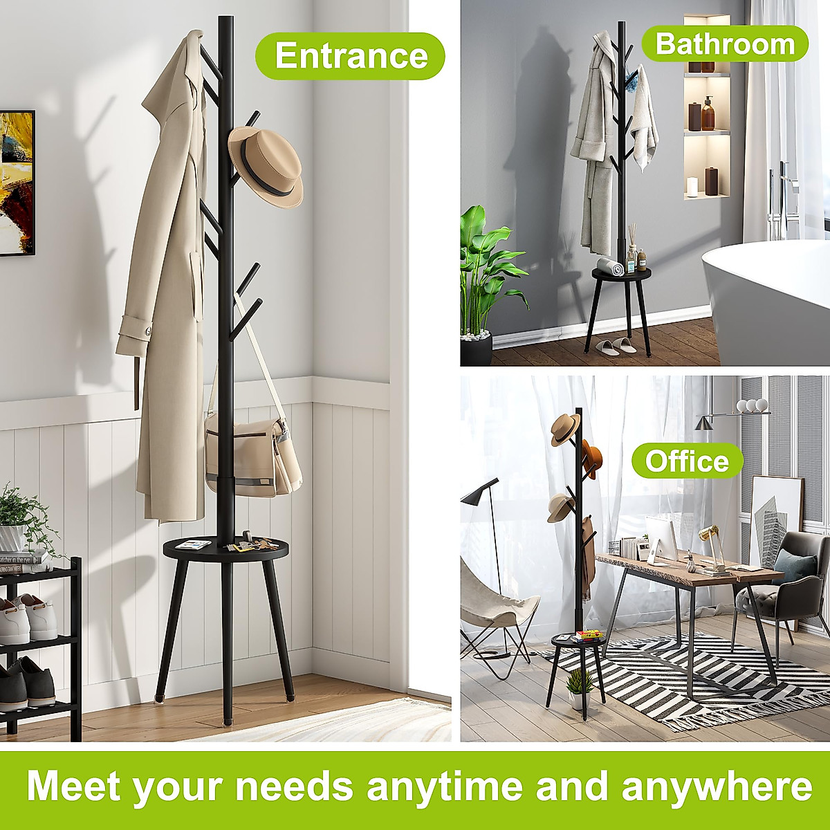 BMOSU Coat Rack freestanding Stand with Shelf Bamboo Wooden Coat Tree Easy Assembly 8 Hooks Standing Jackets Hanger Hallway Office Floor Coat Stand Black
