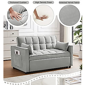 Velvet Pull Out Sleeper Sofa Bed, Convertible Futon Sofa Bed with Reclining Back, Modern Pullout Couch with 2 Pillows and Pockets, Upholstered Small Loveseat for Living Room, Guest Room, Dorm (Grey)
