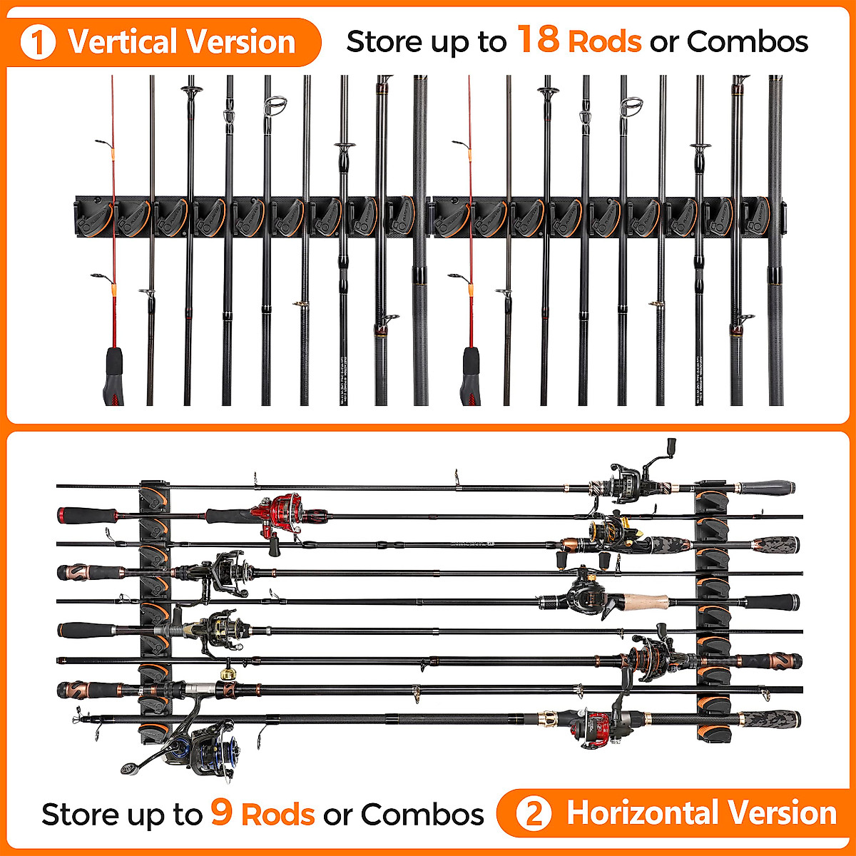 PLUSINNO V9 Vertical Fishing Rod Holders, 2 Packs Wall Mounted Fishing Pole Holders, Fishing Rod Racks Hold Up to 18 Rods or Combos, Fishing Pole Holders for Garage, Fits Most Rods of Diameter 3-19mm