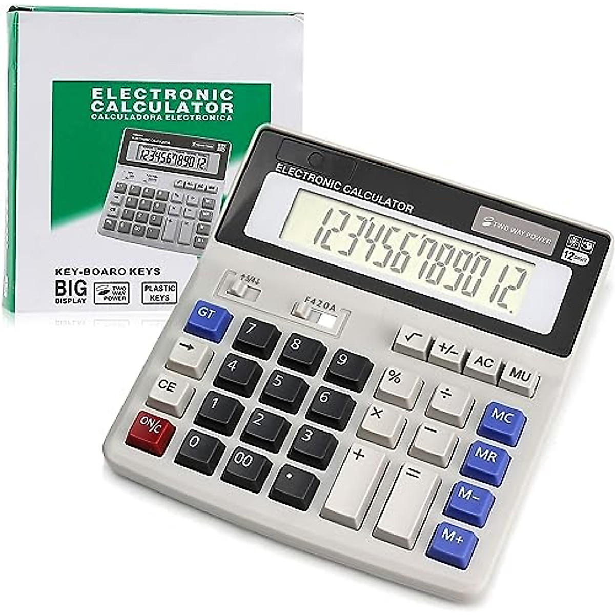 Calculator, Calculators Large Display and Buttons, Solar Battery Dual Power, Big Button 12 Digit Large LCD Display (White)