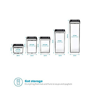 Zeppoli Air-Tight Food Storage Container Set | 5-Piece Set - Durable Plastic - BPA Free - Clear Plastic with Black Lids (2.0 qt/2.3 liters) (1.5 qt./1.7 liters) (0.9qt/1.0 liter) (0.35qt/ 0.38 liter)