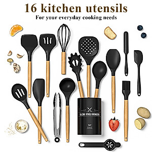 Kitchen Utensils Set, AIKKIL16 Pcs Cooking Utensils Set with Holder, Heat Resistance, Black Wooden Handle Silicone Kitchen Gadgets Utensil Set for Nonstick Cookware