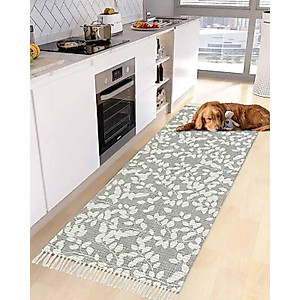 Grey White Botanical Kitchen Runner Rug 2'x4', Washable Woven Cotton Area Rug with Tassels Bathroom Hallway Rug, Pastoral Spring Floral Summer Art Entryway Bedroom Rug Non Slip Throw Rug Carpet