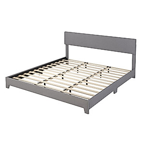 Allewie King Size Platform Bed Frame with Adjustable Upholstered Headboard, Strong Wood Slats, Heavy Duty Mattress Foundation, No Box Spring Needed, Noise-Free, Easy Assembly, Light Grey