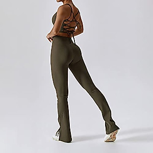 ABOCIW Women Ribbed Seamless Slit Hem Flared Leggings High Waist Bootcut Yoga Pants Tummy Control Workout Bootleg Pants Dark Green Medium