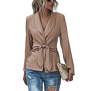 LYANER Women's V Neck Blazer Jacket Self Tie Knot Long Sleeve Elegant Workwear Blouse Khaki Small