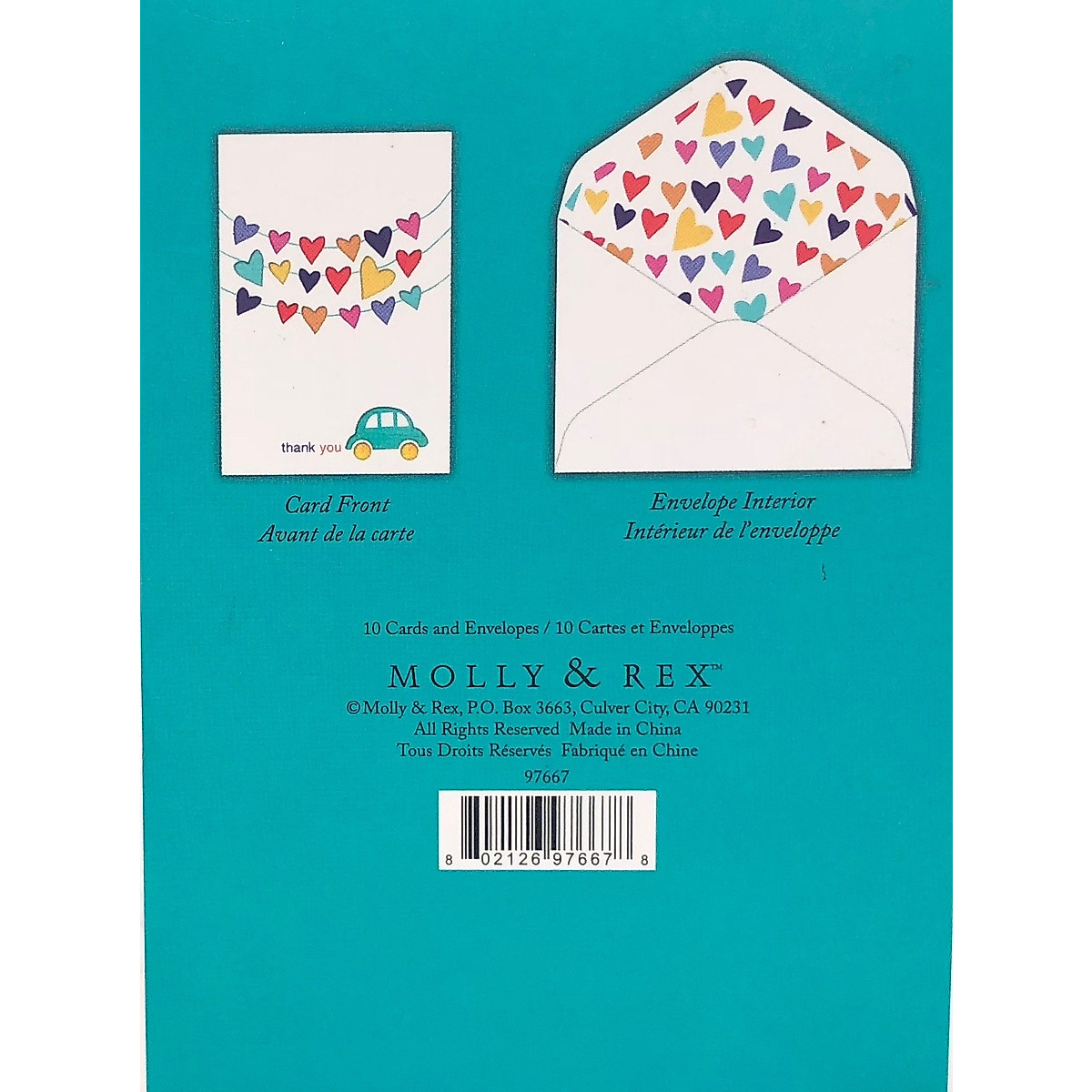 Molly & Rex Window Boxed Set of 10 Laser Cut Thank You Blank Cards, Love Bug Heart Line 97667
