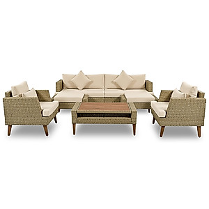 Merax 6-Pieces All Weather PE Wicker Sofa Set, Outdoor Rattan Sofa with Double Cushions, Wood Legs Wood Table Top