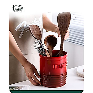Lareina Utensil Holder for Kitchen Counter, [Elegant & Non-slip] Ceramic Utensil Crock Organizer, H 7" x W6 Large Cooking Utensil Holder with Anti-slip Cork Bottom for Home Décor, Christmas Red