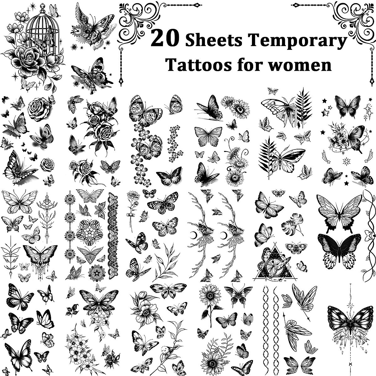 Cerlaza 20 Sheets Small Butterfly Temporary Tattoos for Women, 120 Styles Black Butterflies Tattoo Stickers Waterproof Long Lasting, Butterfly Themed Decorations Gifts for Girls Kids