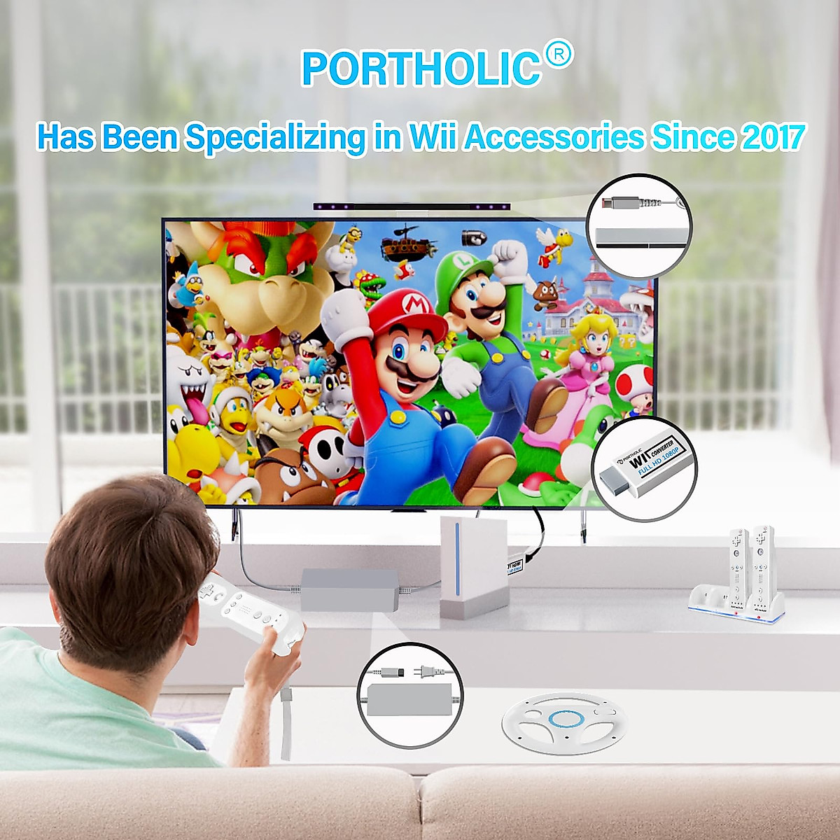4 in 1 Wii Replacement Cables Set, Wii AC Power Adapter + Wii to hdmi Converter+ Wired Motion Sensor Bar and Composite Audio Video Cable for Nintendo Wii