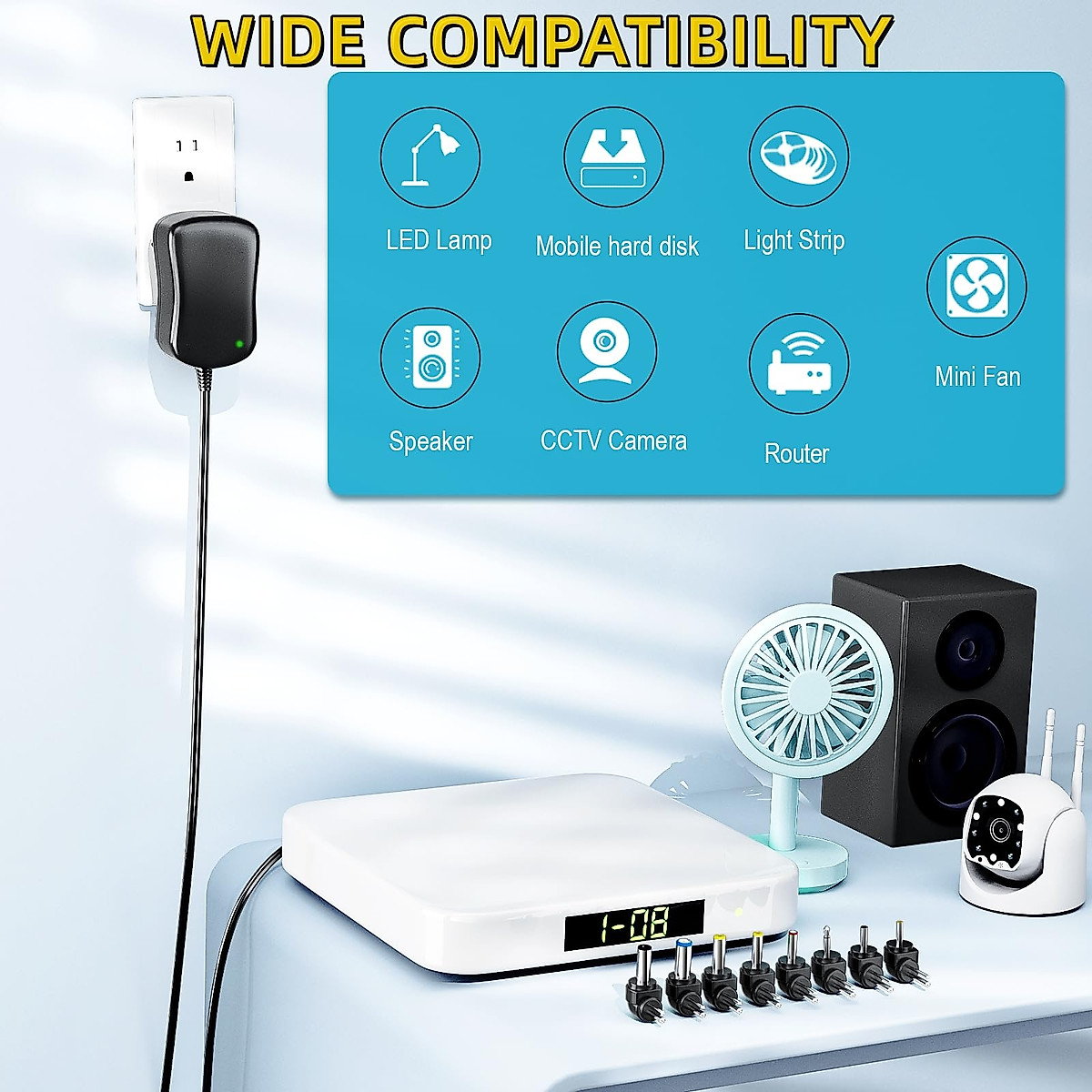 SoulBay 15W Universal AC Adapter 3V 4.5V 5V 6V 7.5V 9V 1500mA 12V 1250mA DC Switching Power Supply for CCTV Security IP Camera Keyboard Speaker Router Household Electronics, 12W Compatible