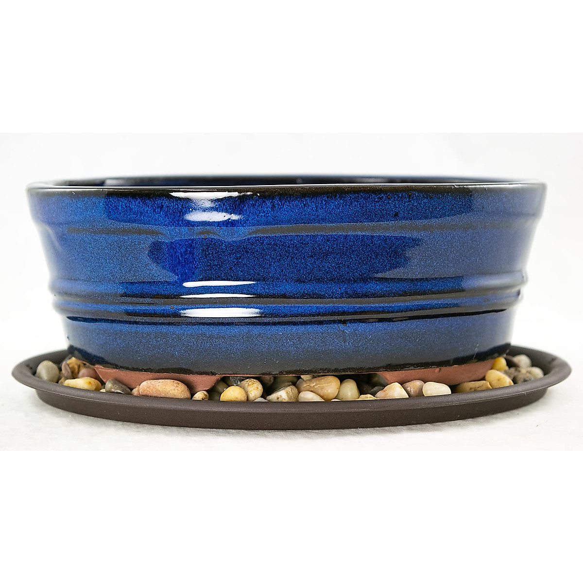 bigsnowball 8" Oval Dark Blue Bonsai/Cactus & Succulent Pot + Tray + Rock + Mesh Combo