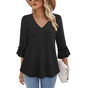 Messic 3/4 Length Sleeve Womens Tops: Bell Sleeve Tops for Women - Womens Tops Dressy Casual - Black Tops for Women Black M