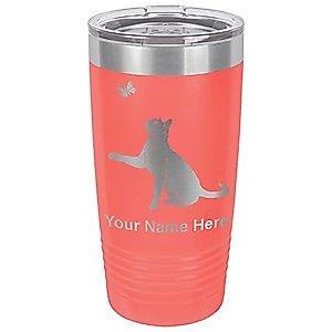 LaserGram 20oz Vacuum Insulated Tumbler Mug, Cat with Butterfly, Personalized Engraving Included (Coral)