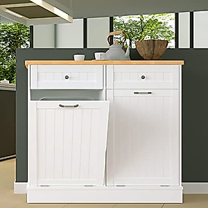 Betterhood Double Tilt Out Trash Can Cabinet 20 Gallon for Kitchen with Drewers & Solid Wooden Tabletop Free Standing,Trash Bin Cabinet (White)