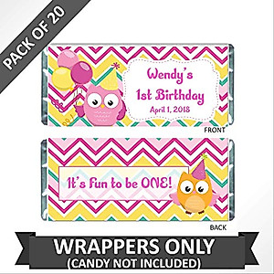 Owl Birthday Party Favors, Personalized Candy Wrappers for Chocolate, Pack of 20 Custom Hershey Bar Labels