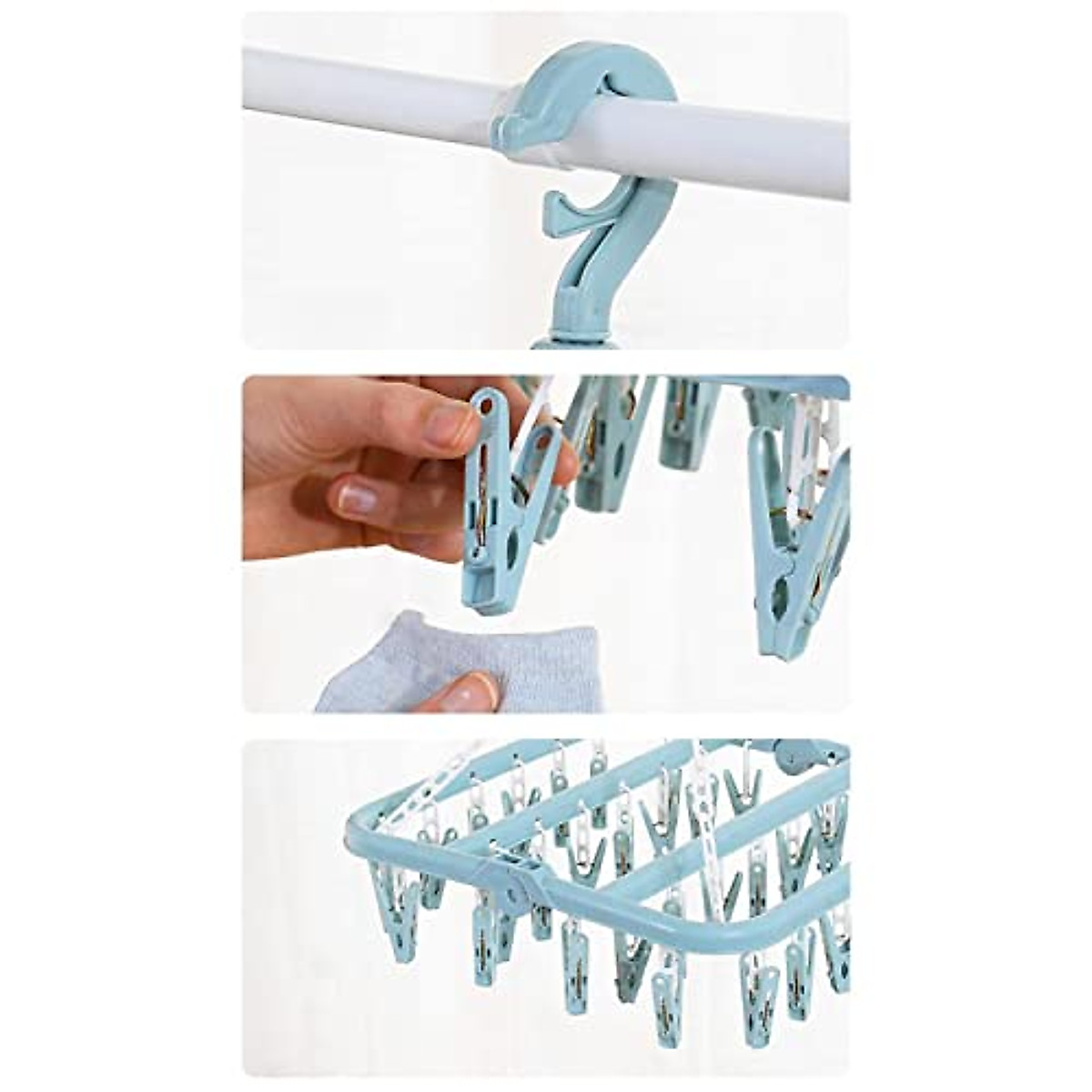ZUKPUMNE Sock Hanger for Washing Line, Foldable Swivel Clothes Underwear Hanger with 32 Clips for Washing Line, Sock Dryer with Pegs Clothes for Sock,Underwear Hanger, Clothes Pegs, Laundry Airer