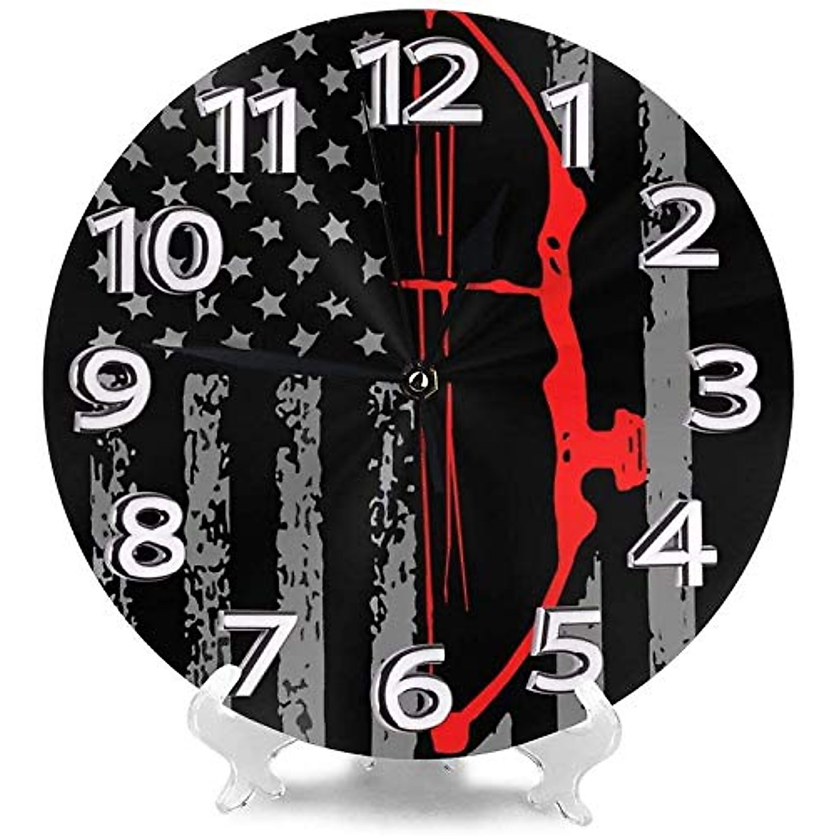 BUSHUO Archery Bow Hunting Us Flag Wall Clock Waterproof Decorative Clocks Lightweight Clock with Roman Numeral Hands Durable Round Wall Clock for Living Room Classroom Patio Bedroom