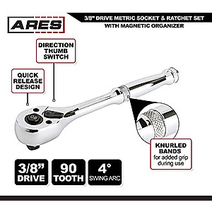 ARES 47004-32-Piece 3/8-inch Drive Metric Socket and 90-Tooth Ratchet Set with Magnetic Organizer - Sizes 6mm to 20mm Deep and Shallow Sockets