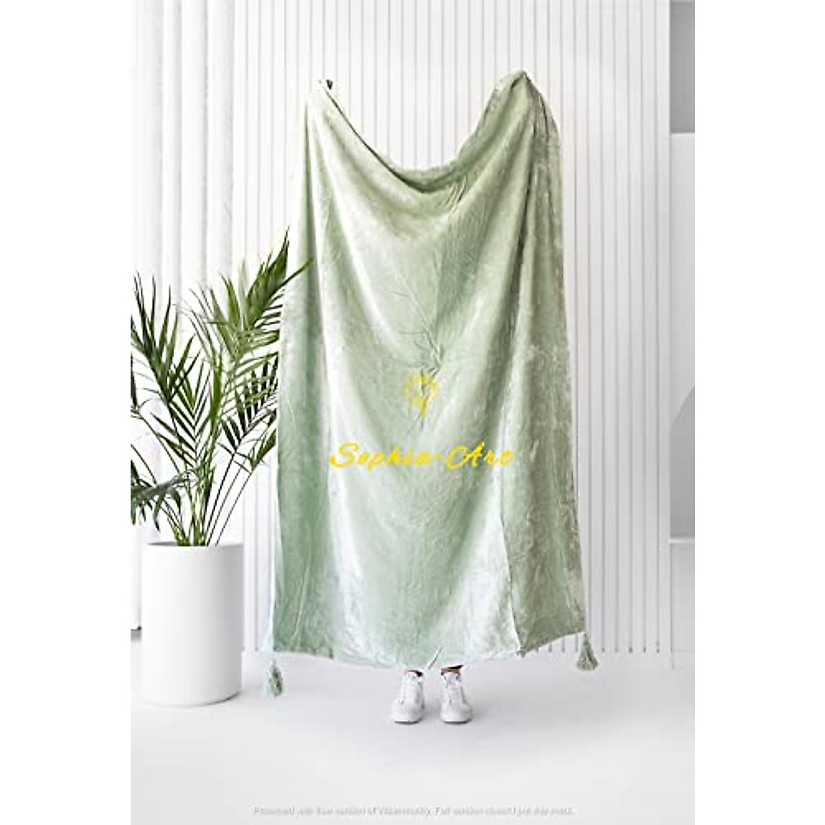 Sophia-Art Luxury Crushed Velvet Throw Blanket with Tassels Sofa Bed Soft Blankets Boho Warm Throws Cozy Plush Lightweight Pet (50x60 inches, Sage Green)