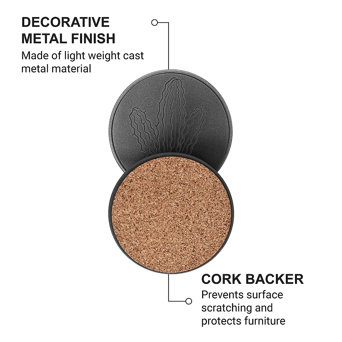 Questech Décor Coasters, Rustic Farmhouse Hosting Housewarming Gift Idea, Coasters for Coffee Table with Protective Cork Backer, Decorative Cactus Garden Design, Wrought Iron Finish, Set of 4