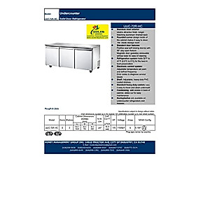 cooler depot Commercial Under Counter Refrigerator 3 doors 72 Inches Width 15.5 Cu. Ft. 3 Shelves Stainless Steel 33°F~41°F 115V/60HZ -KTR-72B