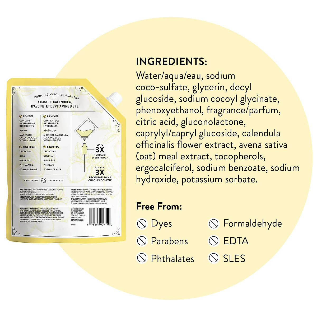 J.R. Watkins Foaming Hand Soap Refill, Moisturizing Foam Hand Wash, All Natural, Alcohol-Free, Cruelty-Free, USA Made, Lemon, 28 fl oz, 3 Pack