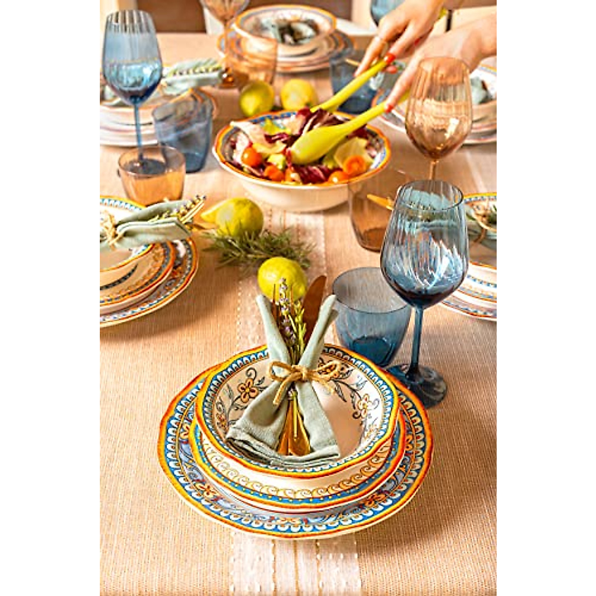 Euro Ceramica Duomo 16 Piece Stoneware Dinnerware Set, Service for 4 – Thanksgiving-Fall-Summer Dishes - Floral Design, Multicolor
