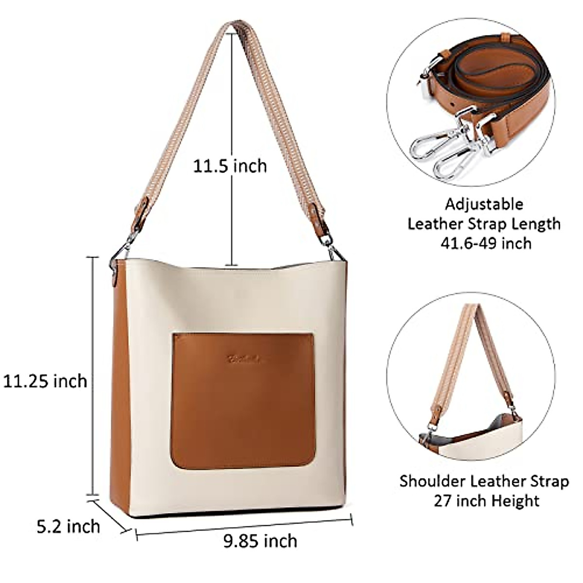 BOSTANTEN Handbags for Women Leather Designer Hobo Tote Purses Shoulder Bucket Crossbody Bags Beige with Brown