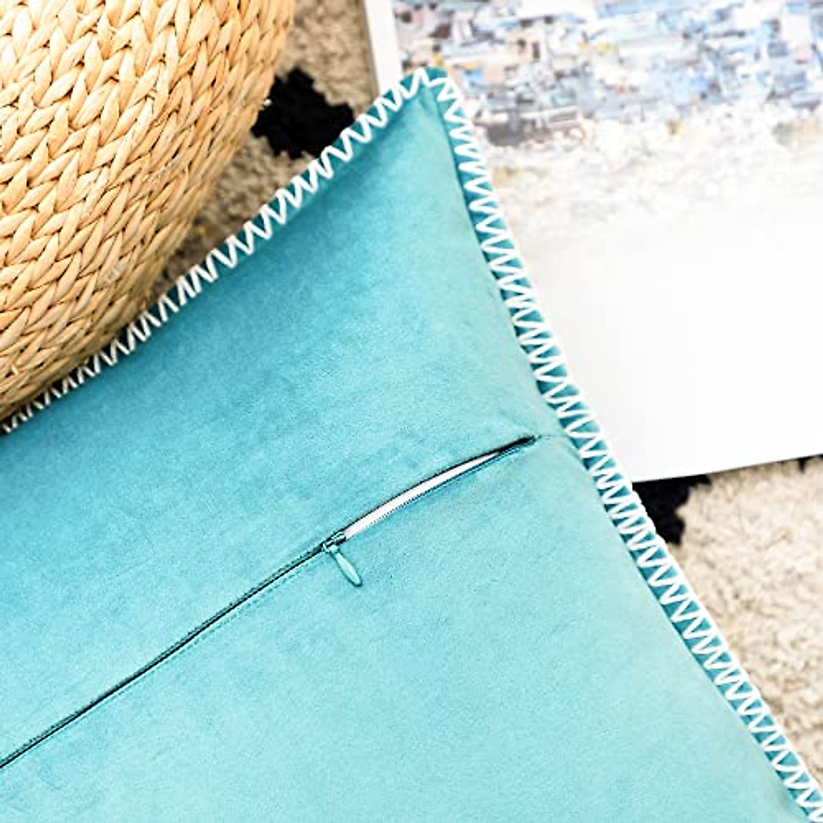 GAWAMAY Gray Throw Pillow Covers 16x16 Inch Soft Teal Velvet Pillow Cover with Modern Chenille Edge, Winter Farmhouse Decorative Pillow Caces for Holiday Living Room Sofa Couch Beding (40x40cm)