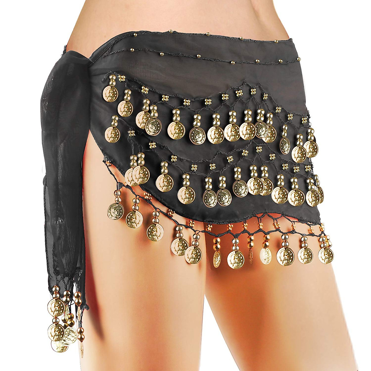 COSICS Belly Dance Hip Scarf, Women's Black Chiffon Belly Dancing Scarf with 128 Gold Coins for Yoga Class
