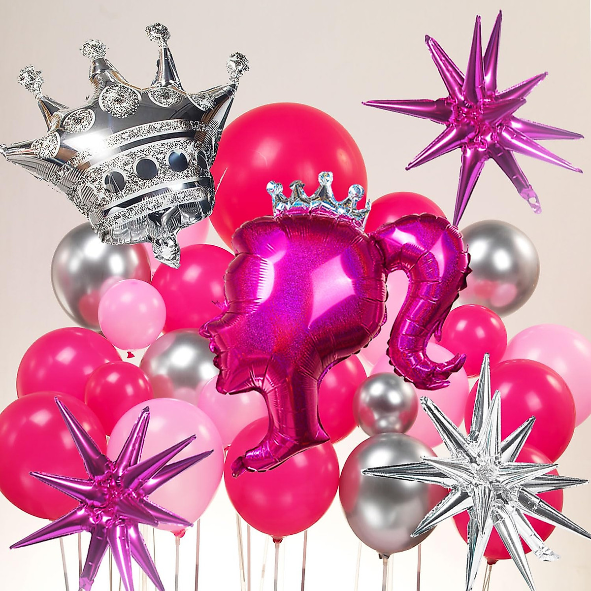 ECEAE Hot Pink and Silver Balloon Garland Kit 120 Pcs Pink Crow doll Balloons Set for Princess, Cowgirl, Disco Themes Perfect for Girls, Women, Adult Celebrations Birthdays Baby Showers decoration
