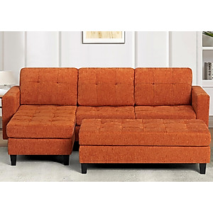 ACMEASE 84" Chenille Convertible Sectional Sofa w/Movable Ottoman Bench, 3 Seats L Shaped Couch w/Reversible Chaise Lounge,Modern Upholstered Sofa w/Tufted Cushions for Apartment, Living Room, Orange