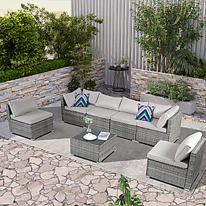 PORWEY Patio Outdoor Furniture Set 7 Pieces Rattan Wicker Sectional Sofa Couch Conversation Set with Table for Deck Lawn, Gray Wicker/Gray Cushion